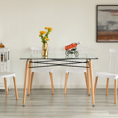 Rectangle Clear Glass Top Accent Dining Table with 4 Beech Metal Frame Solid Wood Legs Modern Space Saving Small Leisure Tea Desk 47.25 W x 31.5 D